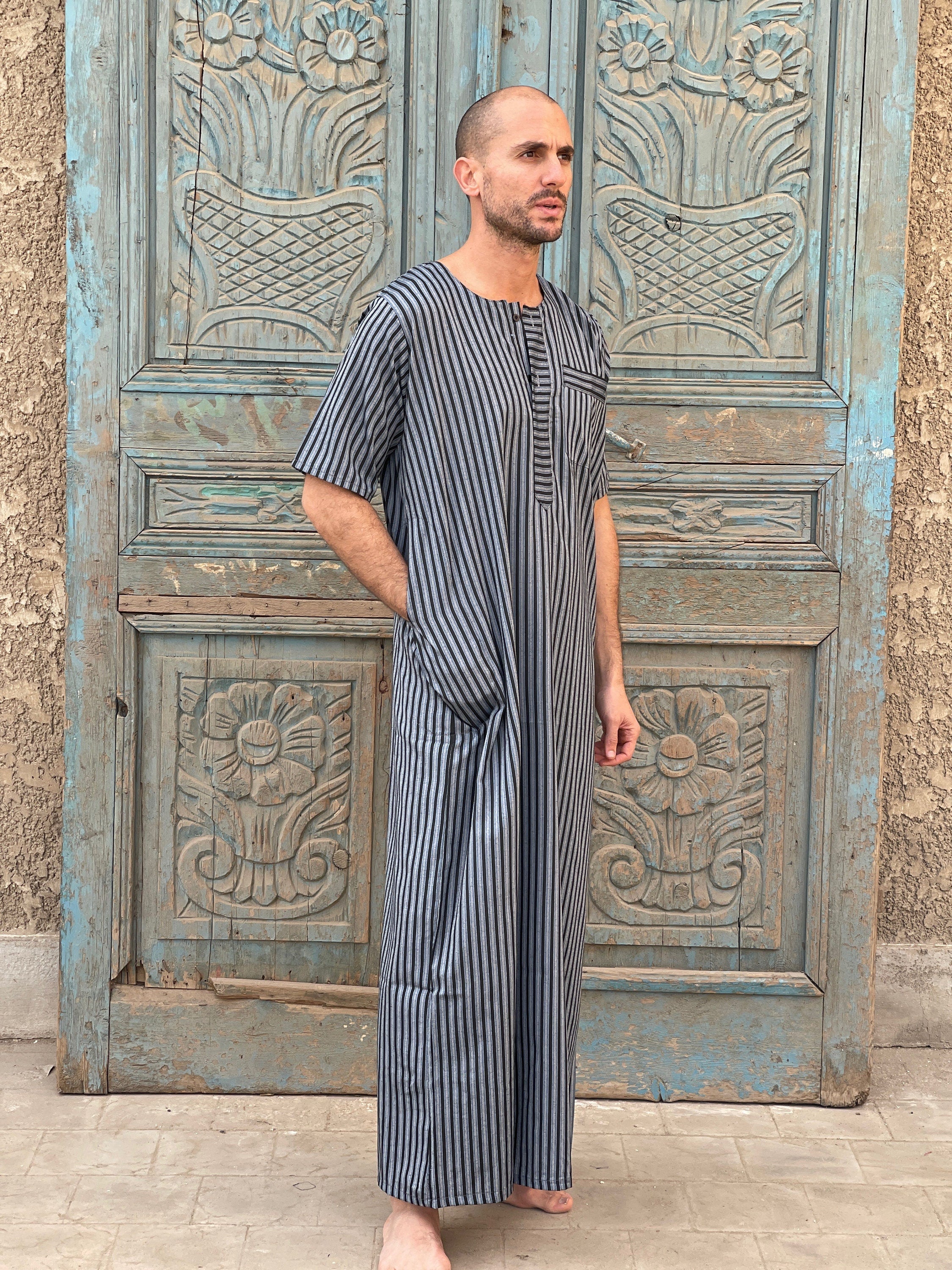 Striped Men's Kaftan, Short sleeve Men's kaftan, Cotton men caftan, ca – Gipci LLC