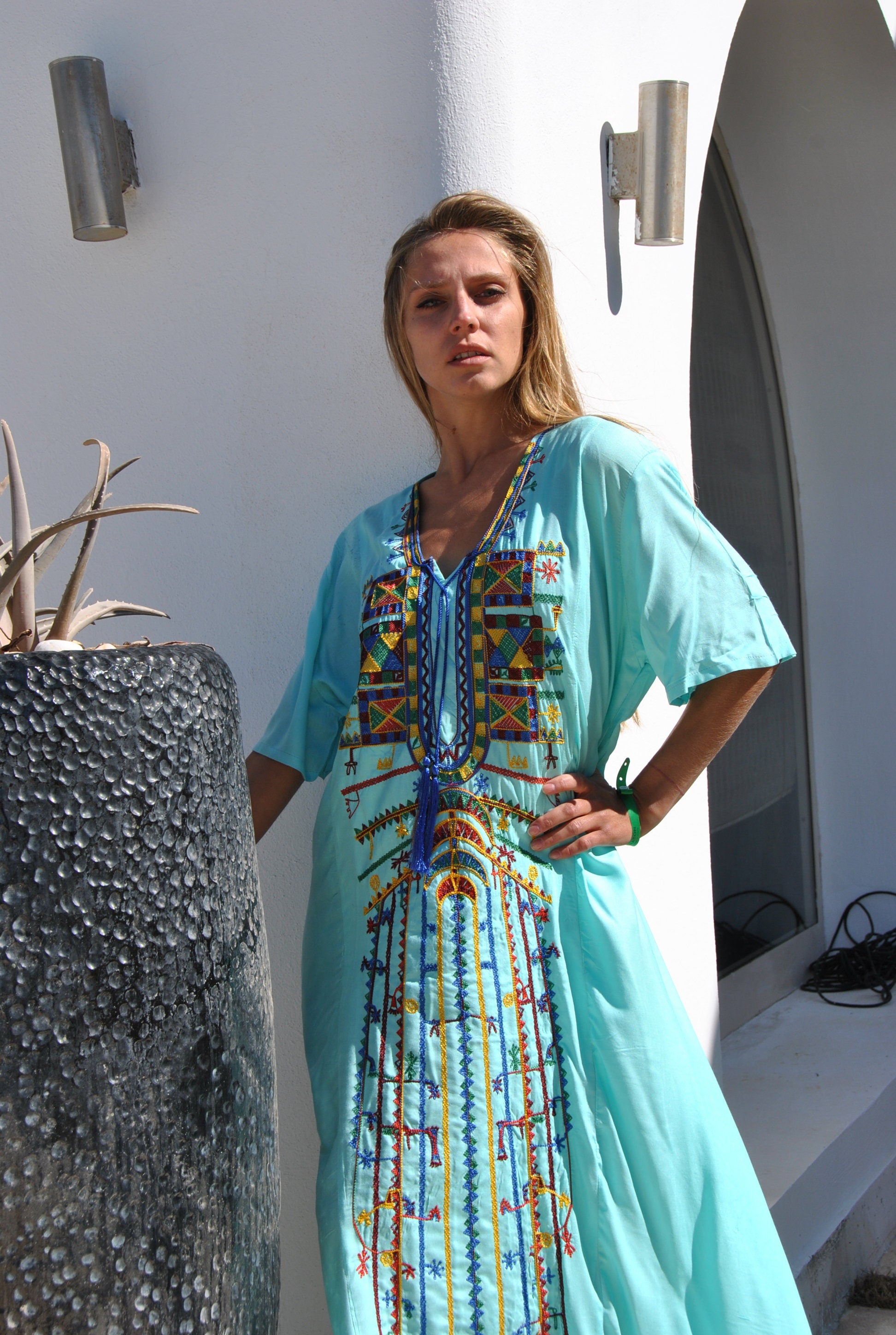 Turquoise Siwa embroidered Kaftan dress, Cotton Kaftan, caftans for wo ...
